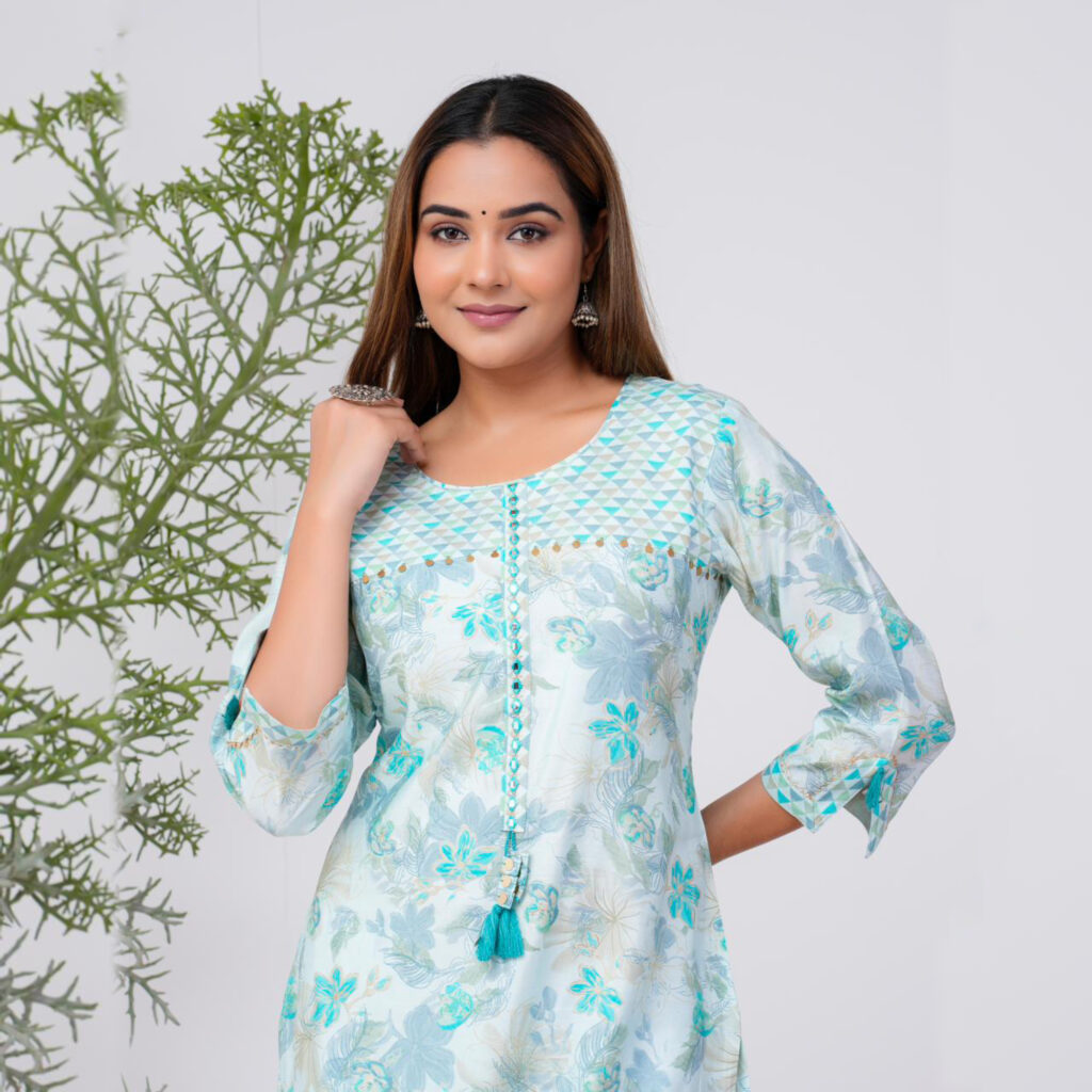 Muslin silk 3piece neck embroidery kurta pant set – Indirituals Owned ...